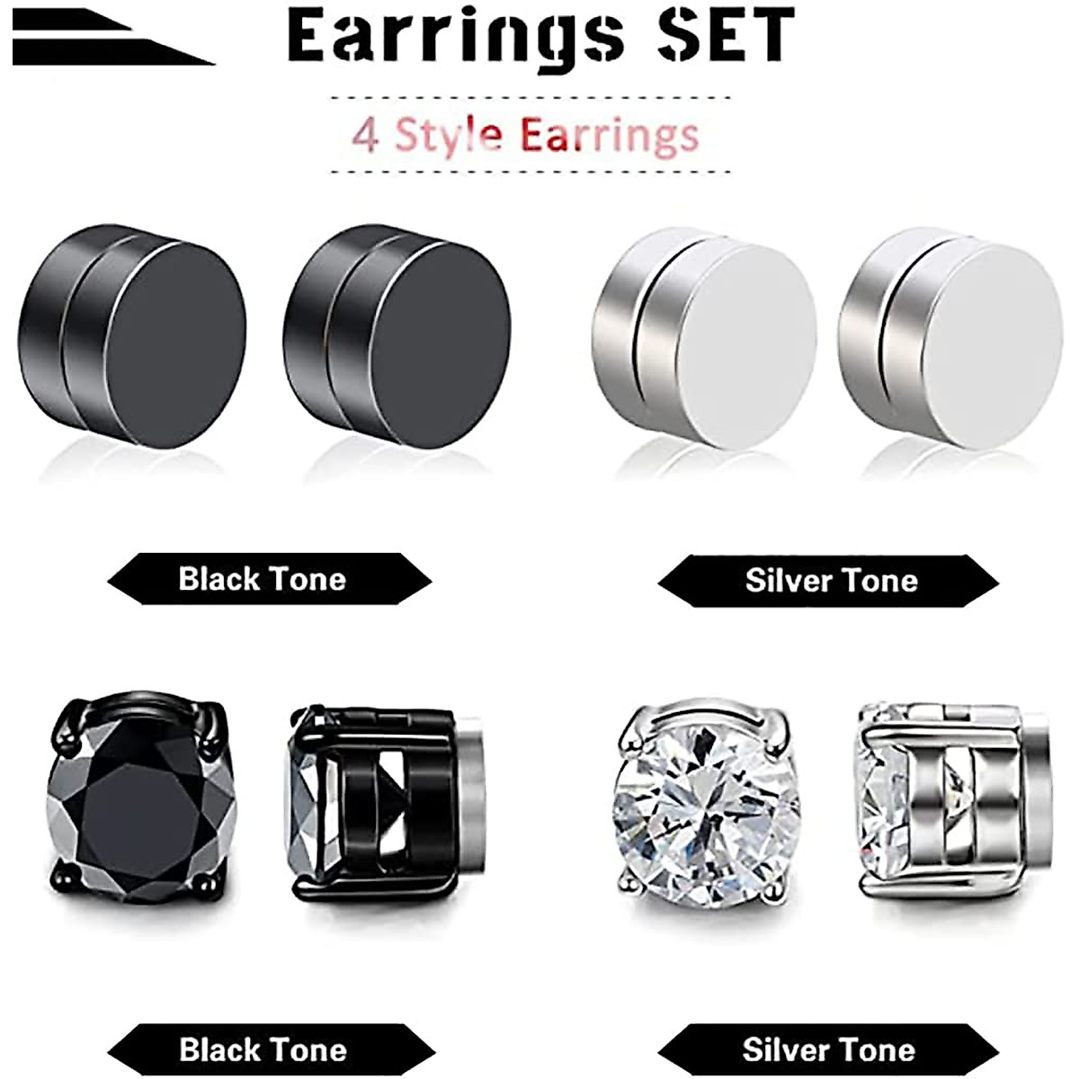 4 Pairs Stainless Steel Magnetic Stud Earrings for Men Women Non Piercing Clip on CZ Earrings 6MM (4 Pairs a Set,6MMBlack + Silver)