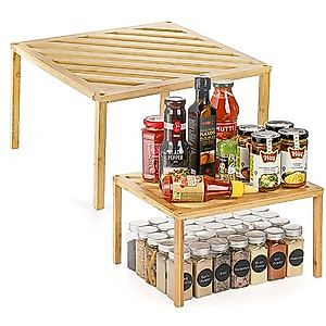 Hacaroa 2 Pack Stackable Bamboo Shelf, Expandable Cabinet Shelf Organizers, Sturdy Kitchen Counter Shelves, Stacking Shelves for Pantry, Countertop, Bathroom, 2 Size