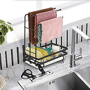 JUXYES Kitchen Sink Caddy Sponge Holder with Dishcloth Drying Rack, Kitchen Rag Stand Sponge Brush Soap Dish Dishcloth Rack Sink Storage Organizer for Kitchen Countertop (Black)