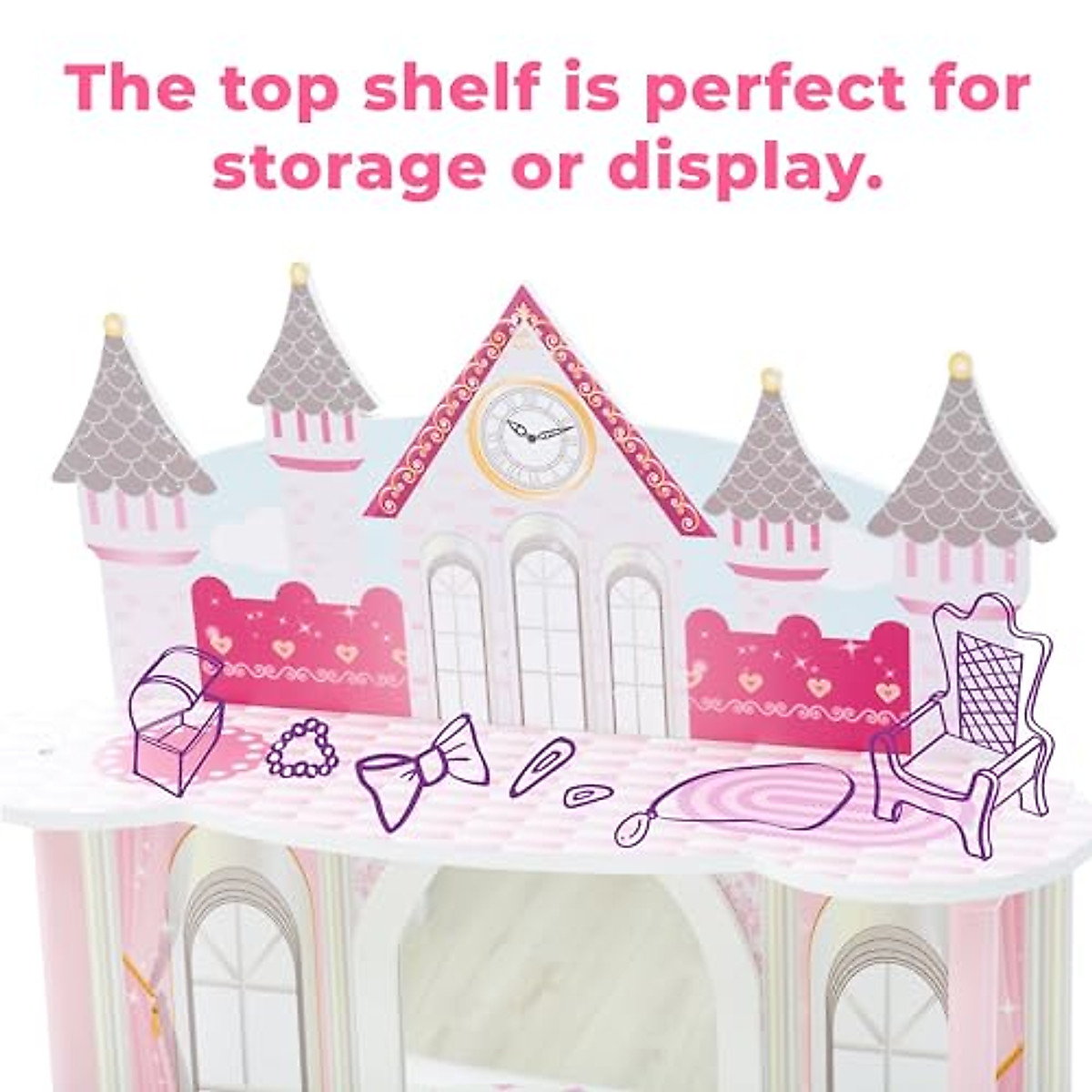 Teamson Kids Dreamland Princess Play Vanity Set with Mirror, Shelf, Storage Drawer, Stool, and Accessories for 12" Dolls, White an Pink