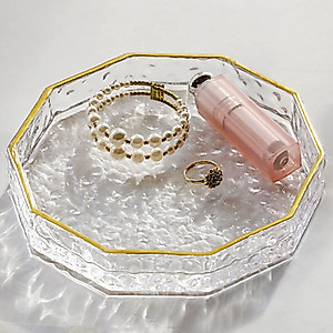 7 Inch Decagon Glass Tray with Gold Rim, Clear Hammered Vanity Makeup Tray with 1” Wall, Thick Decorative Dresser Bathroom Tray Perfume Display Tray Cosmetic Tray for Tabletop Countertop S, Halyuhn
