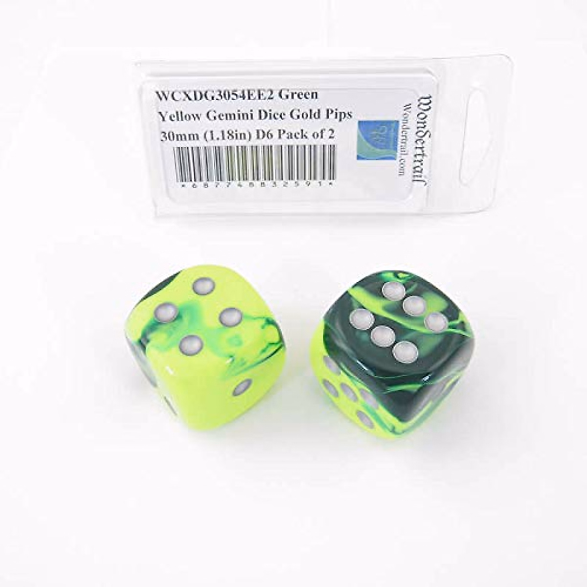 Green and Yellow Gemini Dice with Gold Pips 30mm (1.18in) D6 Pack of 2 Wondertrail