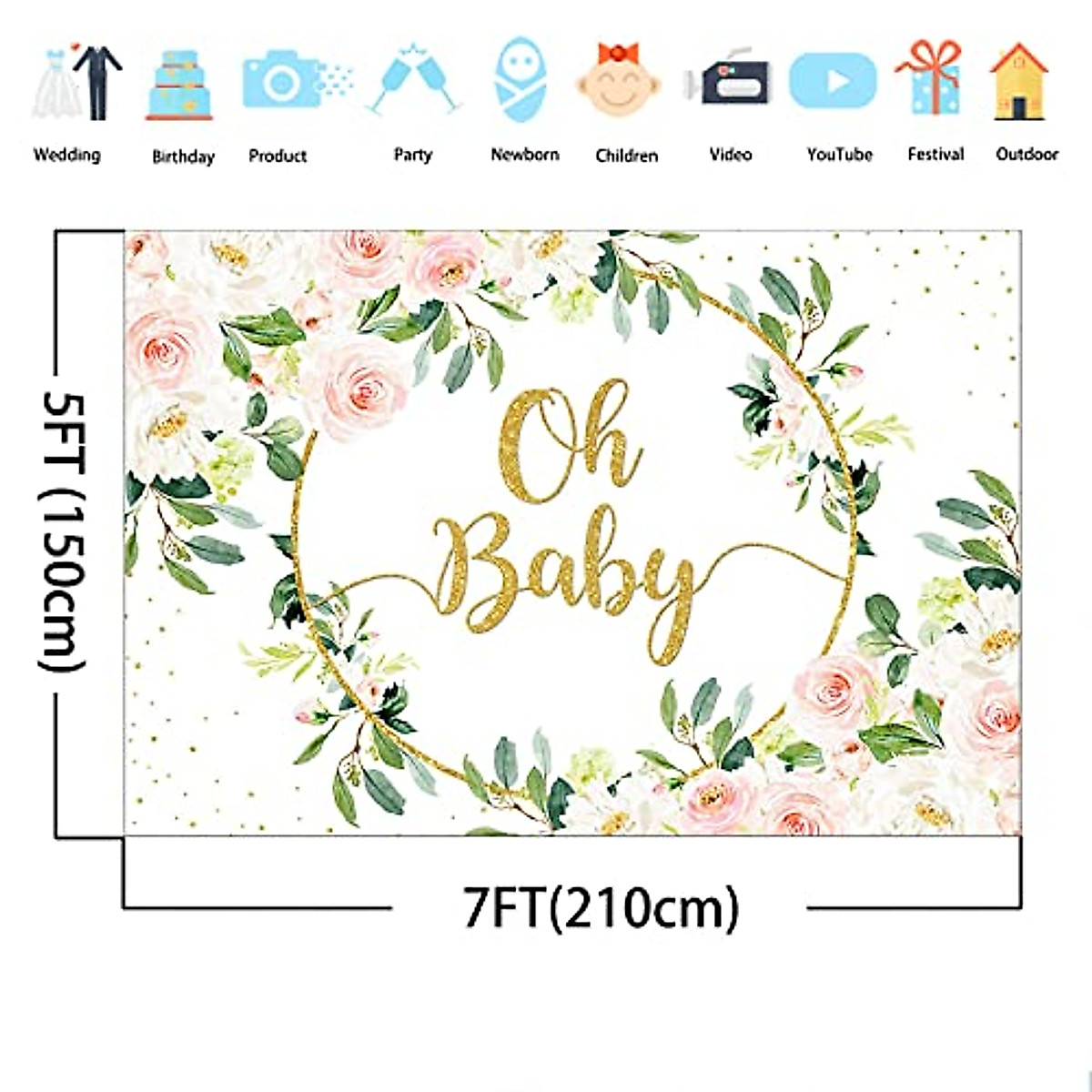 Avezano Oh Baby Shower Backdrop Pink Flower Baby Shower Gold Dots Background Girls Blush Floral Baby Shower Party Decorations Photo Shoot Props (7x5)