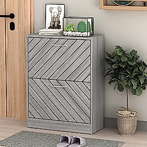 Homsee Modern Shoe Storage Cabinet with 2 Flip Drawers & Twill Louver Doors, Wood 2-Tier Shoe Rack Storage Organizer for Entryway, Hallway & Bedroom, Grey (22.4”L x 9.4”W x 29.5”H)