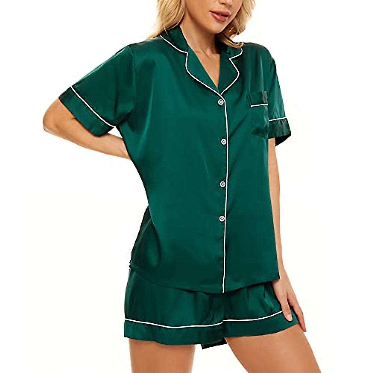 Zando Womens Two Piece Pajama Set Sexy Pajamas for Women Silk Ladies Pajamas Satin Pajamas Womens Button Down Pajama Shorts Set Women's Sleepwear Bride Pajamas Comfort PJS Dark Green XX-Large