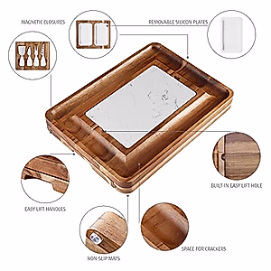 hecef Cheese Board Set Acacia Wood - Large Charcuterie Board with Stainless Steel Knife Set, Thick Wooden Server - Fancy House Warming Gift, Birthday Present & Perfect Choice for Gourmets