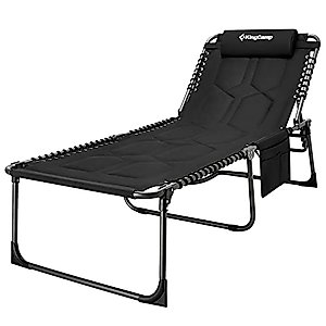 KingCamp Oversized Padded Folding Lounge Chair for Outdoor Patio Beach Lawn Pool Sunbathing Tanning, 5-Position Heavy Duty Portable Padded Camping Cot with Pillow, Support 300LBS