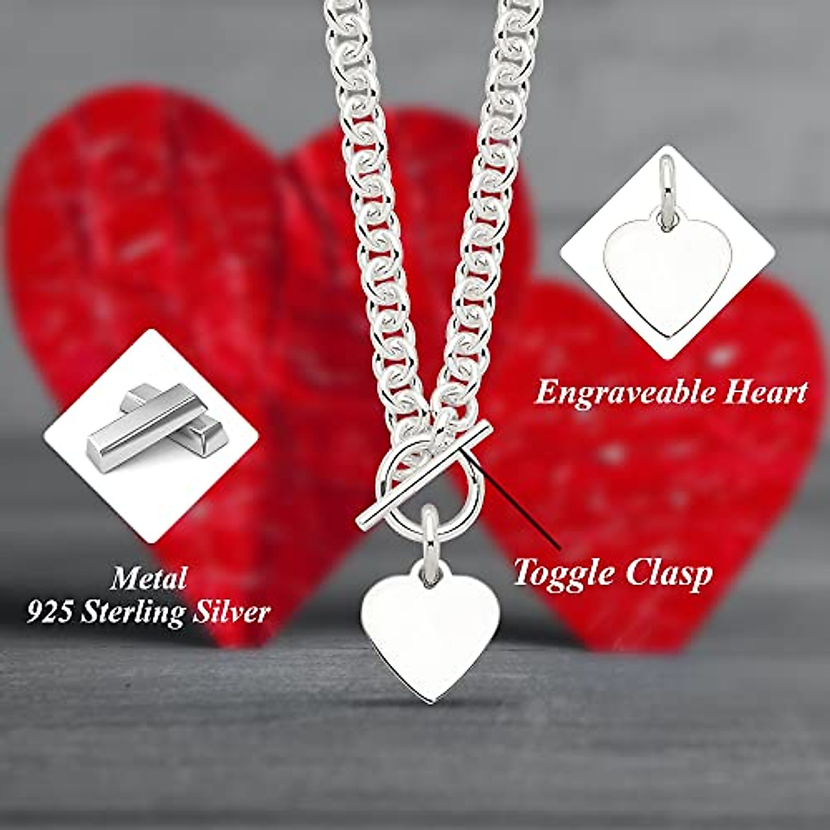 Diamond2Deal Sterling Silver Engraveable Heart Disc on Fancy Link Toggle 18in Necklace Fine Jewelry Gift for Women