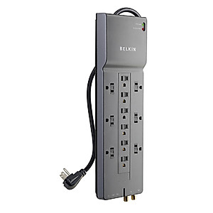Belkin 12-Outlet Pivot-Plug Power Strip Surge Protector w/ 8ft Cord (4,320 Joules) & 12-Outlet Power Strip Surge Protector w/ 8ft Cord (3,940 Joules), Gray