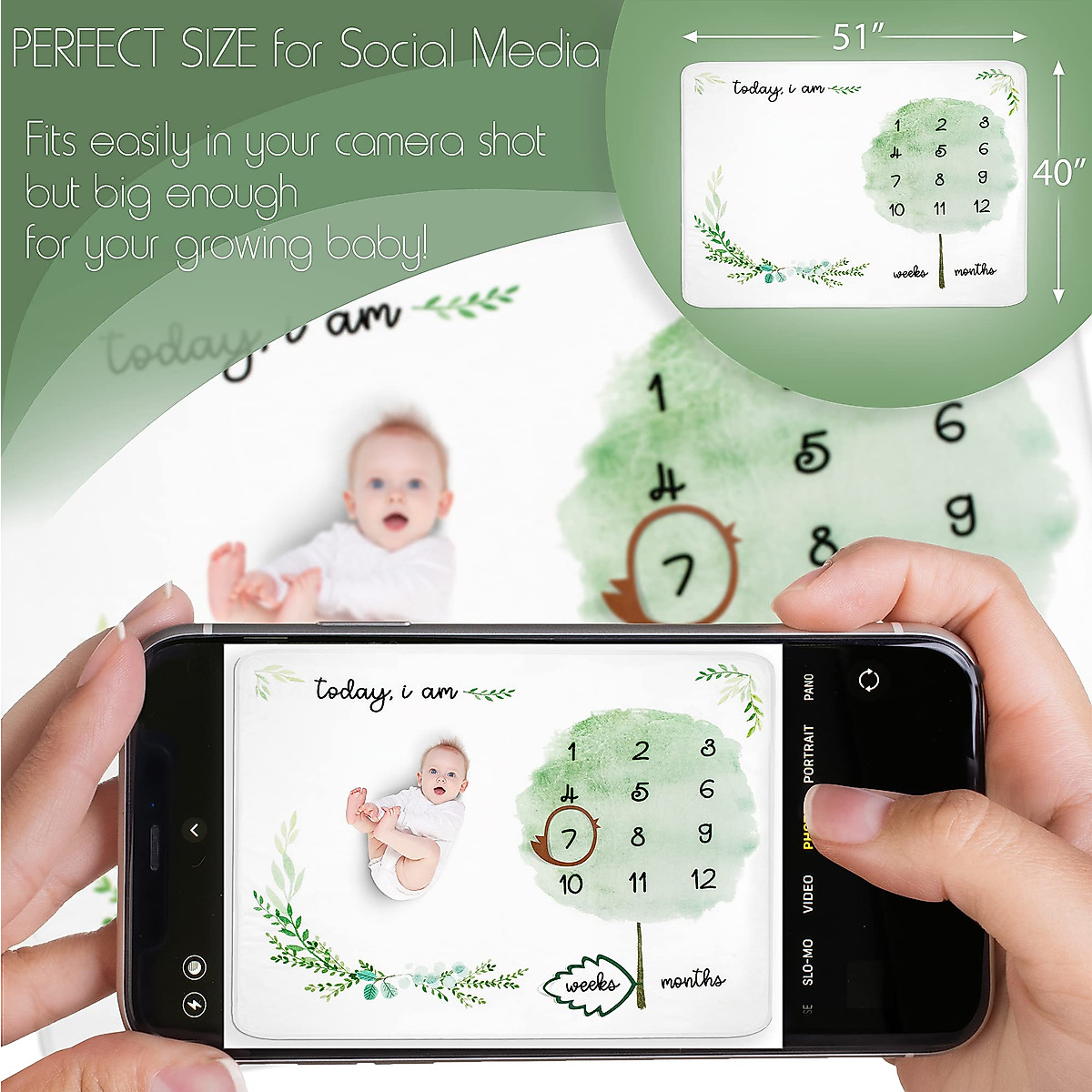 two little dinos Baby Monthly Milestone Blanket for Boy or Girl - Unisex Gender Neutral Age Blanket Growth Chart by Weeks or Months with Markers - Newborn Milestone Photography - First Year 0 to 12