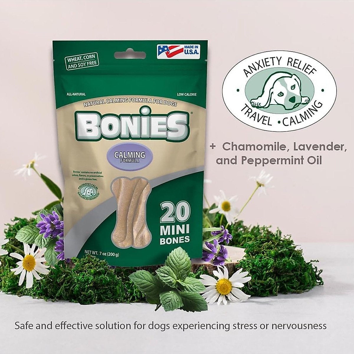 Bonies Natural Calming Formula Dog Treats - Contains Chamomile & Lavender, Help Anxiety, Excessive Barking & Trembling, Chicken Flavor, Mini, 60 Bones