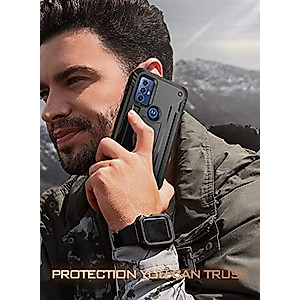 Poetic Revolution Series Case for Motorola Moto G Play (2023), Full-Body Rugged Dual-Layer Shockproof Protective Cover with Kickstand and Built-in-Screen Protector, Black