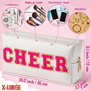 Y1tvei Preppy Patch CHEER Hot Pink Chenille Letter Extra Large Cosmetic Bag PU Leather Waterproof Portable Varsity Cheer Letter Makeup Toiletry Pouch Travel Organizer for Cheerleader Girl (Shell Gold)