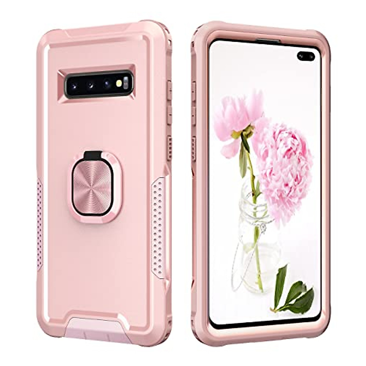 Petocase for Samsung Galaxy S10 Plus Case Heavy Duty Full Body Shockproof Kickstand with 360° Ring Holder Support Car Mount Hybrid Bumper Silicone Hard Back Cover for Samsung S10 Plus Rose Gold