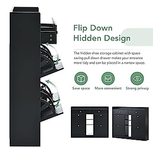 PrimaevalColossus Modern Shoe Cabinet for Entryway, Freestanding Shoe Rack Storage Organizer with Drawers, Wood Shoe Storage Cabinet with 4 Flip Drawers for Entryway Bedroom Living Room, Black