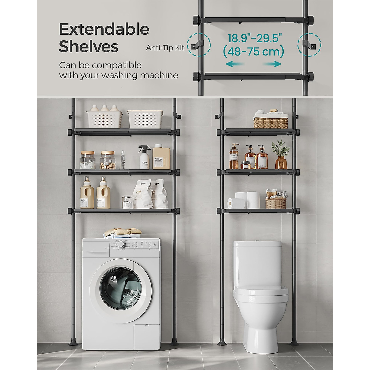 SONGMICS Bathroom Organizer 4-Tier, Over The Toilet Storage Shelf, 4 Height Adjustable and Extendable Shelves, 35.4 to 122.1 Inch Tall, for Small Spaces, Bathroom, Living Room, Ink Black UBTS021B01