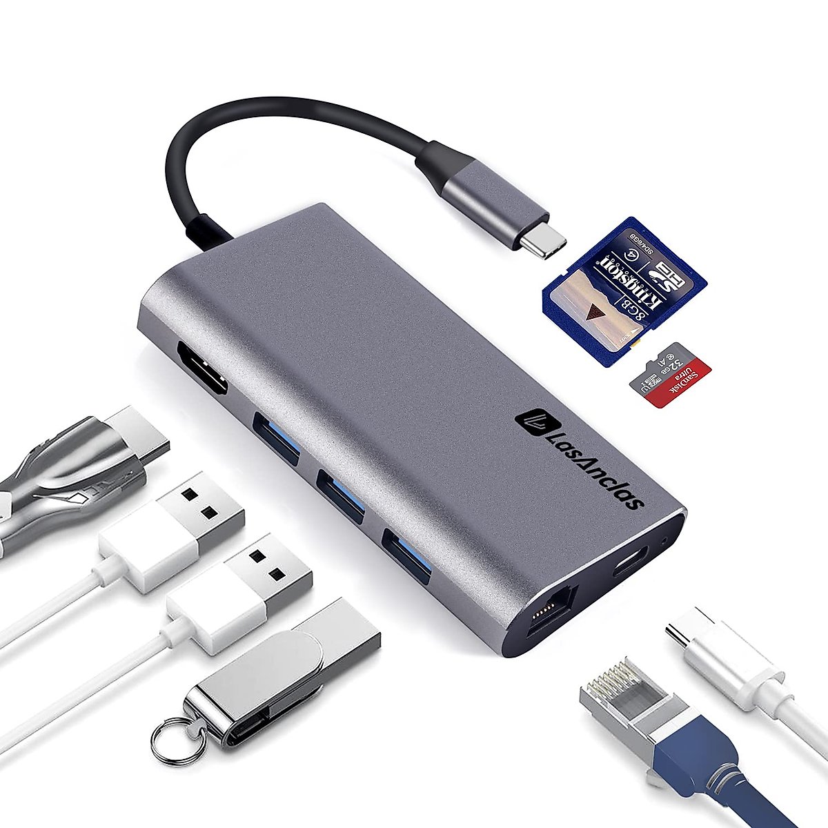 USB C Hub Ethernet Multiport Adapter, LasAnclas 8-in-1 USB C Docking Station 4K HDMI, 100W PD, 3 USB 3.0, 1Gbps LAN USB C Dongle, SD/TF Reader USB C Dock for MacBook Air/Pro,iPad Pro 2021