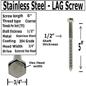 1/2" X 5" - 304 Grade Stainless Steel lag Screws, Hex Head Fasteners, Stainless Steel Screw. Use as Construction, Wood, Metal, lag Screw mounting Screws Fasteners lag Bolts. Heavy Duty Screws. (5)