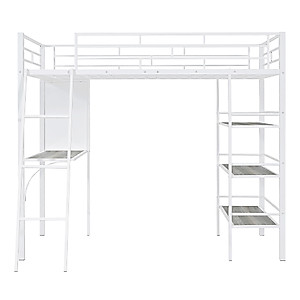 Harper & Bright Designs Metal Twin Size Loft Bed with Desk, Loft Bed Twin with 3 Layers of Shelves, Space Saving Twin Loft Bed with Desk Underneath and Whiteboard for Kids Girls,Boys,White