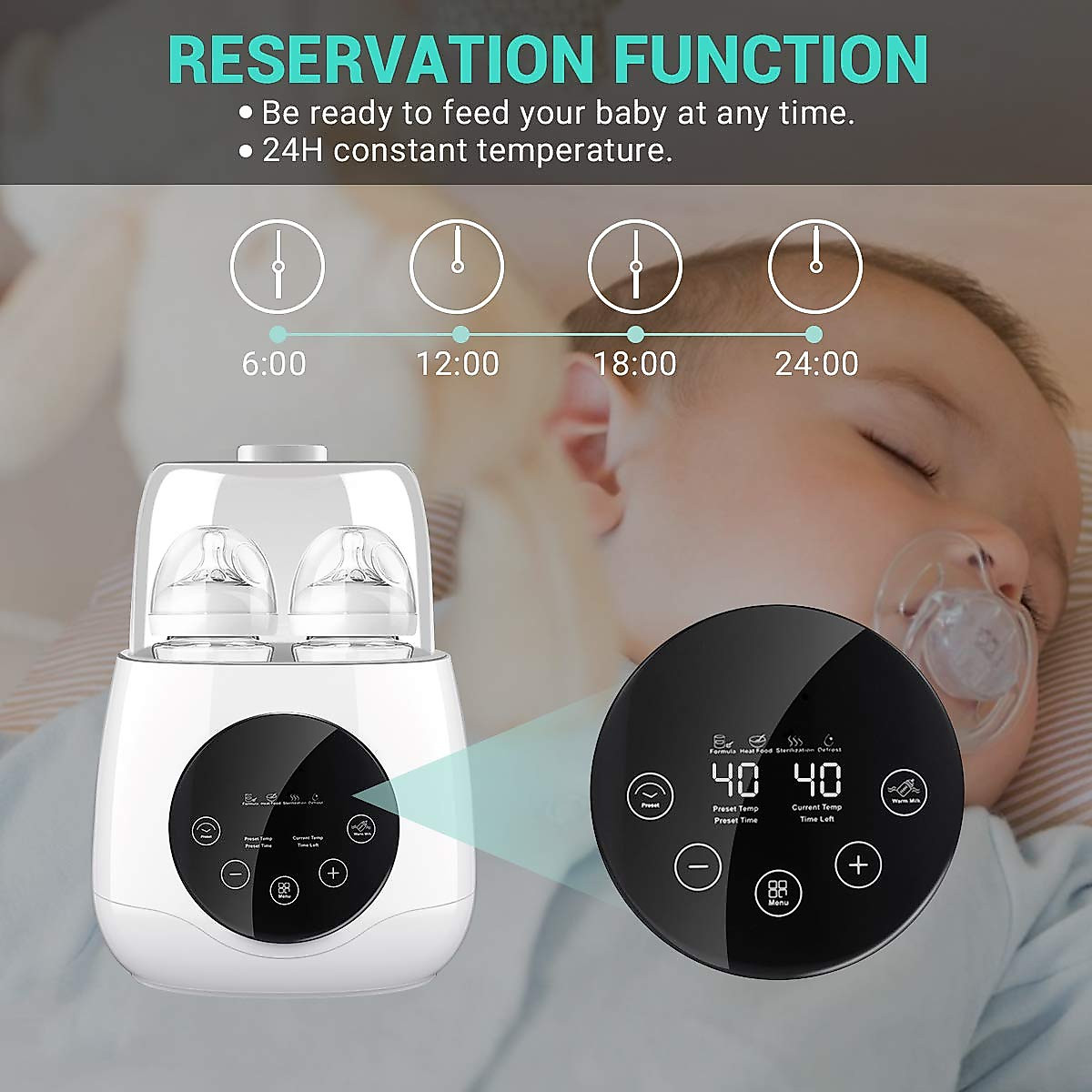 EIVOTOR 6 in 1 Baby Bottle Warmer, Double Bottle Steam Sterilizer Food Heater for Evenly Warm Breast Milk or Formula, LED Panel Control Real-time Display, BPA Free