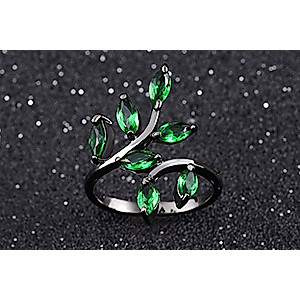 Huanhuan Jewelry Black Gold Plated Ring Marquise Cut Seven Green Cubic Zirconia Adjustable Leaf Design For Womens Girls Bridal Wedding Band Ring Unique Anniversary Gift Size 10