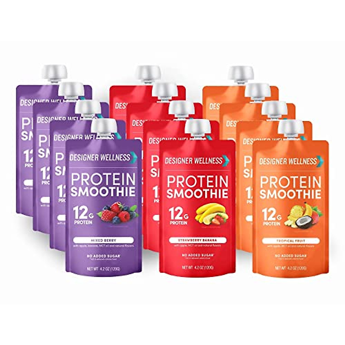 Designer Wellness Protein Smoothie, Real Fruit, 12g Protein, Low Carb, Zero Added Sugar, Gluten-Free, Non-GMO, No Artificial Colors or Flavors, Variety Pack, 12 Count