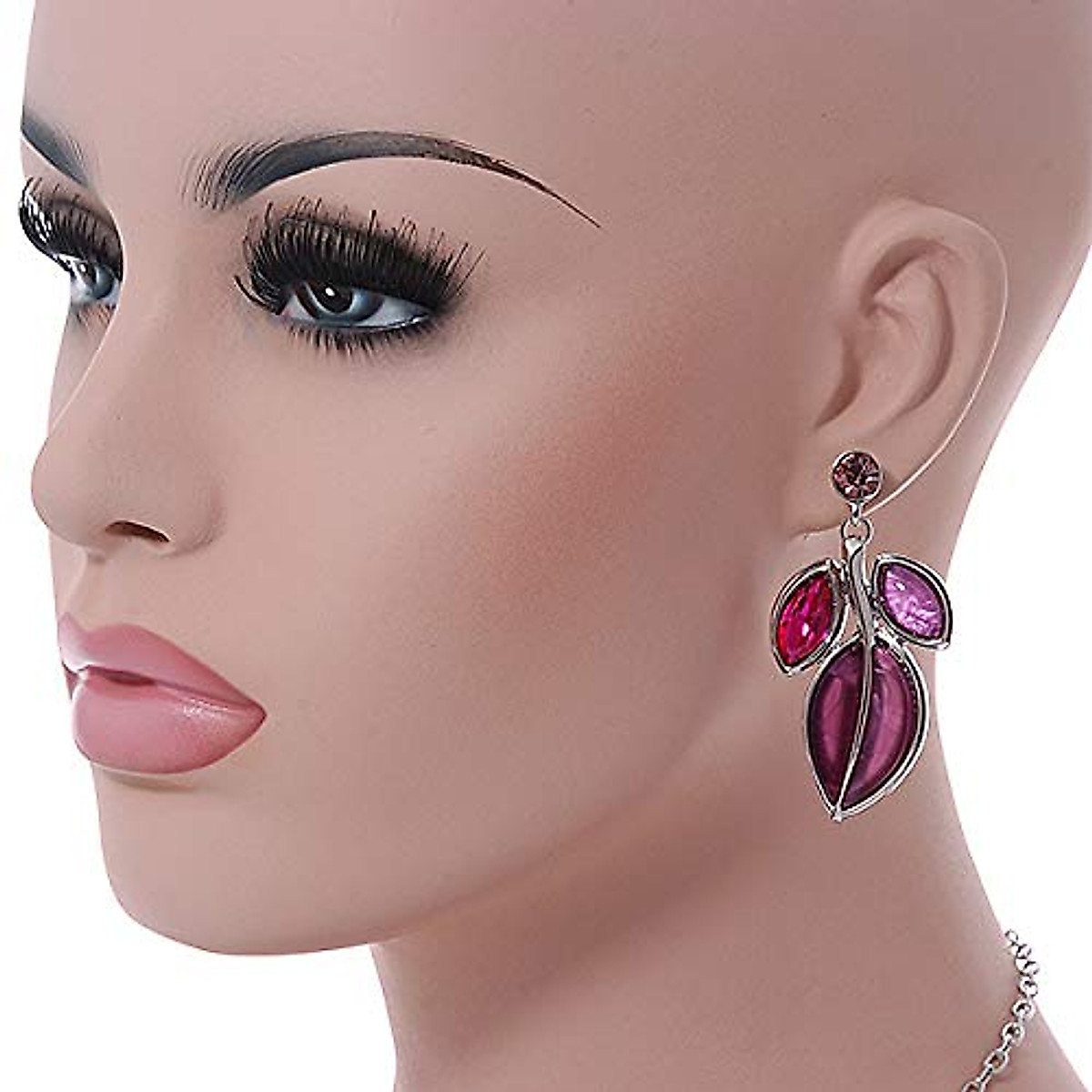 Avalaya Statement Purple/Magenta Glass, Crystal Leaf Necklace and Drop Earrings In Rhodium Plating - 40cm L/ 8cm Ext