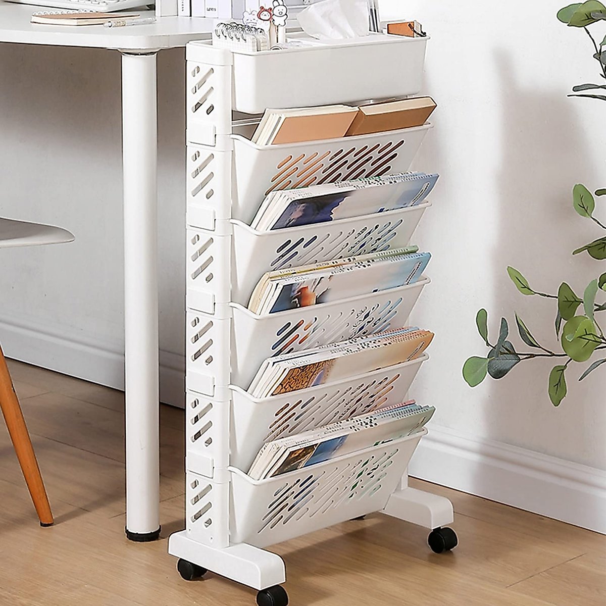 Movable Bookshelf Large Capacity Rotatable Removable Plastic Mobile Bookshelf, Practical Rolling Organization Shelf with Stable Structure for Office Living Room Kitchen School (6