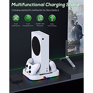 Cooling Fan Stand & RGB Light Strip for Xbox Series S,Dual Charger Station with 2 X 1400mAH Rechargeable Battery Pack,Charging Dock Accessories for XSS with 15 RGB Light Modes,USB2.0 Port for Sync