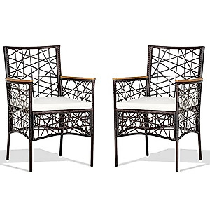 Tangkula Set of 2 Outdoor Dining Chairs, Patiojoy All-Weather PE Wicker Patio Bistro Chairs with Acacia Wood Armrests and Soft Cushions, Outdoor Armchairs for Porch, Garden, Poolside and Backyard