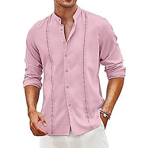 COOFANDY Men's Collarless Shirts Long Sleeve Linen Button Up Dress Shirt Casual Beach Tops Light Pink