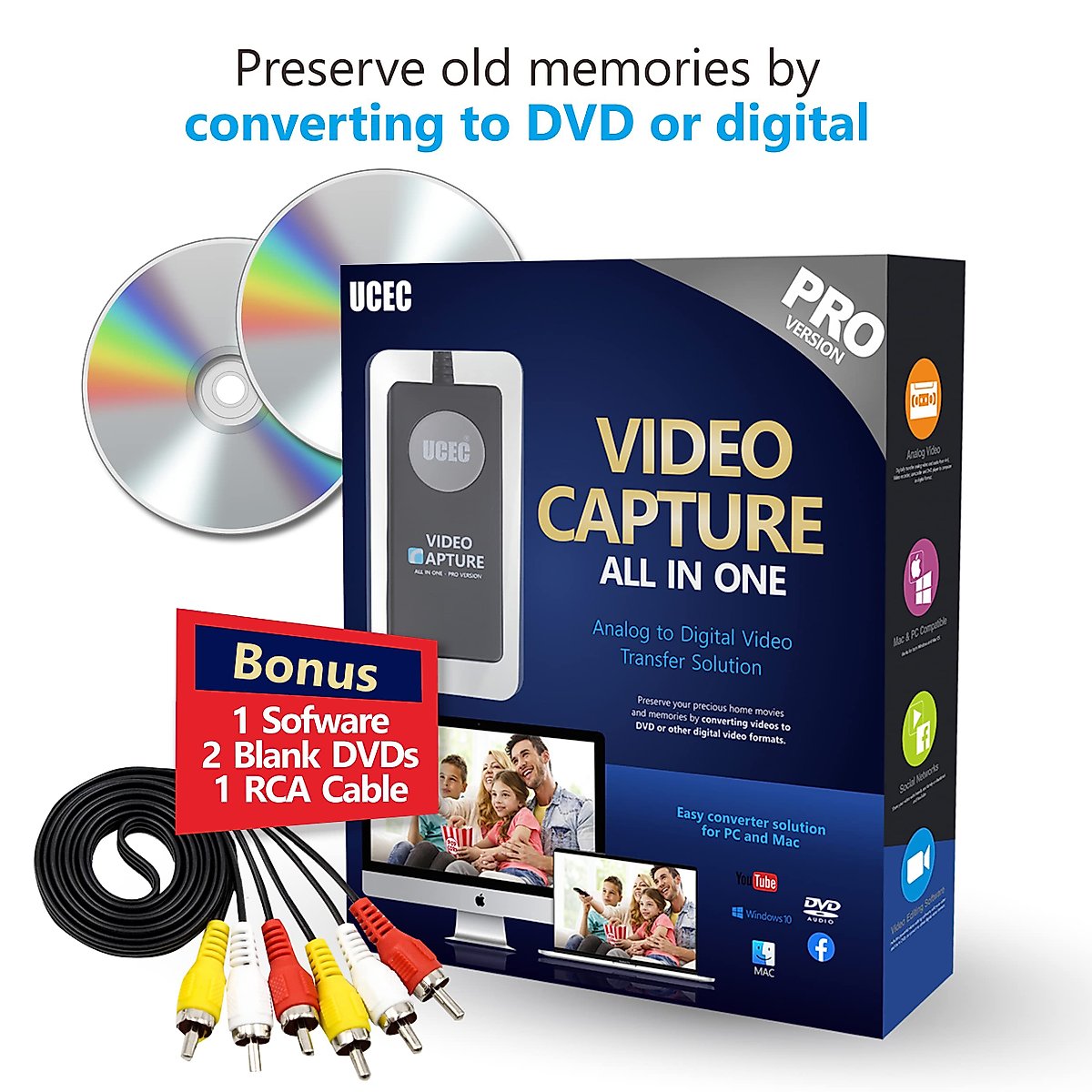 UCEC USB 2.0 Video Capture Device - Pro Version, VHS to Digital Converter, VHS to DVD Converter, Digitize Video for Mac, PC, Upgraded Version