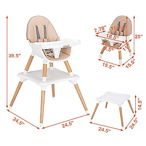 JOYMOR 5-in-1 Convertible Baby High Chair for Babies and Toddlers, Table and Chair Set, Wooden Infant Eating Highchair with Leather Seat Cushion, 4-Position Removeable & Adjustable Tray (Biege)