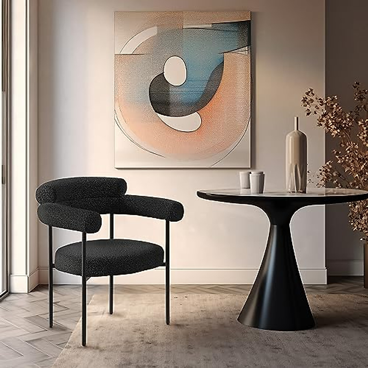 Meridian Furniture Blake Collection Modern | Contemporary Boucle Fabric Upholstered Dining Chair with Metal Frame, Set of 2, 28.5" W x 24" D x 31.5" H, Black