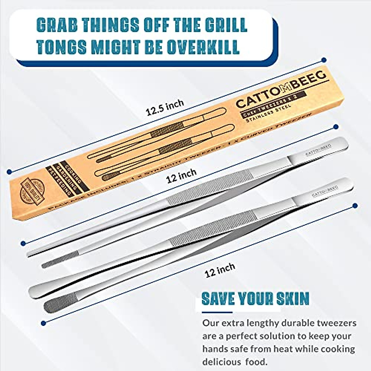 Kitchen Tweezers Tongs for Cooking - 12 Inch - 2 Pack Kitchen tongs Stainless Steel Cooking Tongs- Extra Long Tweezers for BBQ, Grilling, Pet Feeding, Arts and Crafts etc