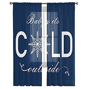 MACONAA Sheer Curtains 63 Inches Long, Christmas Rod Pocket Curtain for Living Room, Window Cold Winter Snowflakes Blue Backdrop Voile Drapes Chiffon Curtain for Bedroom 2 Panel
