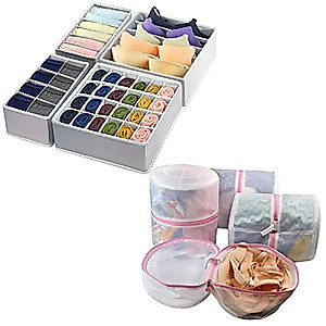 4 Set Laundry Bra Wash Bags + 4 Pack Foldable Clothes Drawer Organizer Set