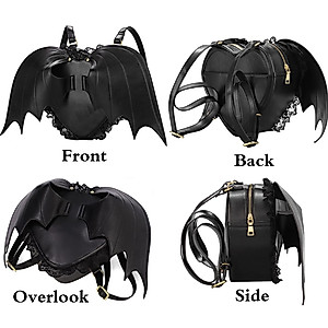 Rullar Punk Women Backpack Victorian Wings PU Daypack Rucksack Purse Gothic Lace Shoulder Bag Black