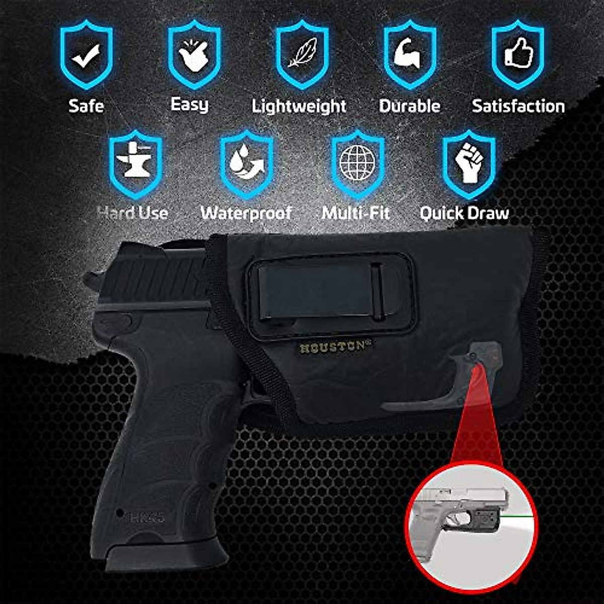 IWB Gun Holster by Houston - ECO Leather Concealed Carry Soft - FITS Most Full Sizes, Like SIG P365 XL, XDM, Glock 17 / 19X / 20/37, Beretta 92 FS (with Laser) (Right) (CHP-57BL-RH)