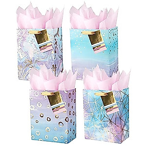 YE GIVING Medium Sized Paper Gift Bags Marble Pattern Sturdy Gift Bags 7"x4"x9" 4 Bags, Assorted Design Includes Tissue Paper and Tags.