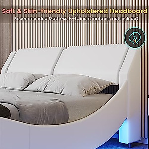 DICTAC King Size Bed Frame with LED Lights Modern King Led Bed Frame with Upholstered Headboard Faux Leather Low Profile Platform Bed Frame Wave Like Curve Bed Frame,No Box Spring Needed,White