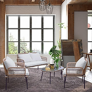 Homsido 4 Pieces Patio Furniture Set, Loveseat Beige Rope Woven Boho Porch Backyard Garden Balcony Outdoor Furniture Rattan Indoor Chairs and Table Wicker Conversation Set with White Cushions