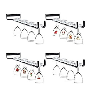 Oppro 4 Pack Wine Glass Holder, Metal Wall Mounted Glass Rack Holds 16 Red Wine Glass with Screws and 8pcs Wine Charms, Multifunctional Iron Hanging Storage Rack Under Cabinet, Black 4 Rows