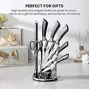 Velaze Knife Set with Block, 8 Pieces Stainless Steel Kitchen Knife Set with Spinning Block, Professional Chef Knife Bread Knife Paring Knife Scissor Set Built-in Sharpener, Dark Gray