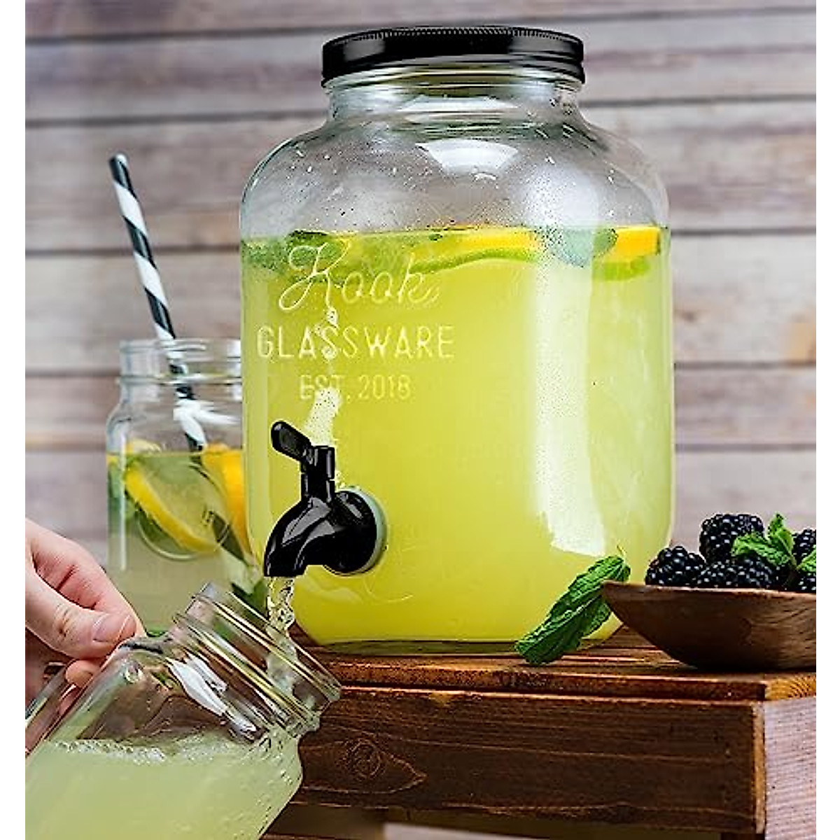 Kook Glass Drink Dispenser, Leak-Proof Stainless Steel Spigot, Clear Mason Jar, Large Beverage Storage for Fridge, Water, Iced Tea, Sangria, Lemonade, Parties, Outdoor Picnic, Pool 1 Gallon (1,Black)