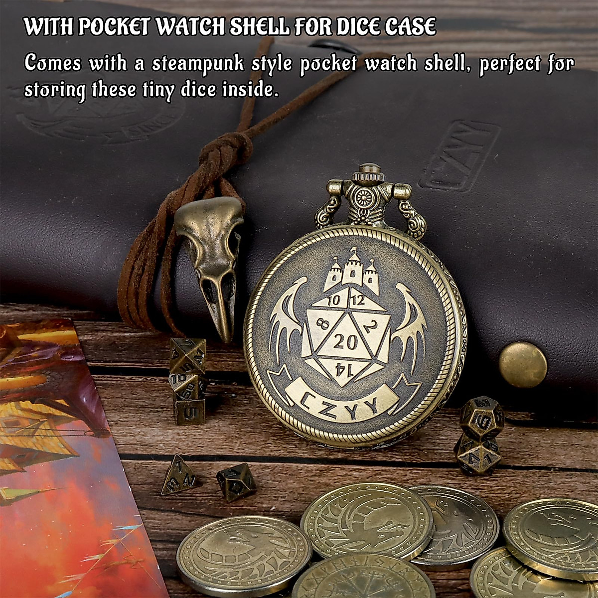 DND 6mm Micro Polyhedral Dice Set with Pocket Watch Shell Case Perfect for Dungeons and Dragons, Tabletop RPG and Cards Board Games (Bronze)