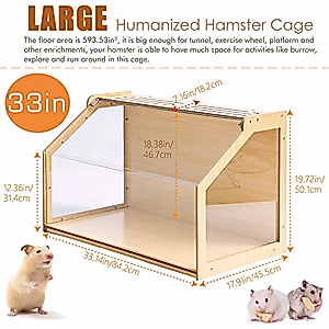 Large Hamster Cages Wooden Enclosure for Syrian Dwarf Hamsters, 33.15" L x 17.91" W x 19.72" H Humanize Habitat with Oblique Acrylic Door Durable HDF Waterproof Easy to Assemble and Clean, Clearance