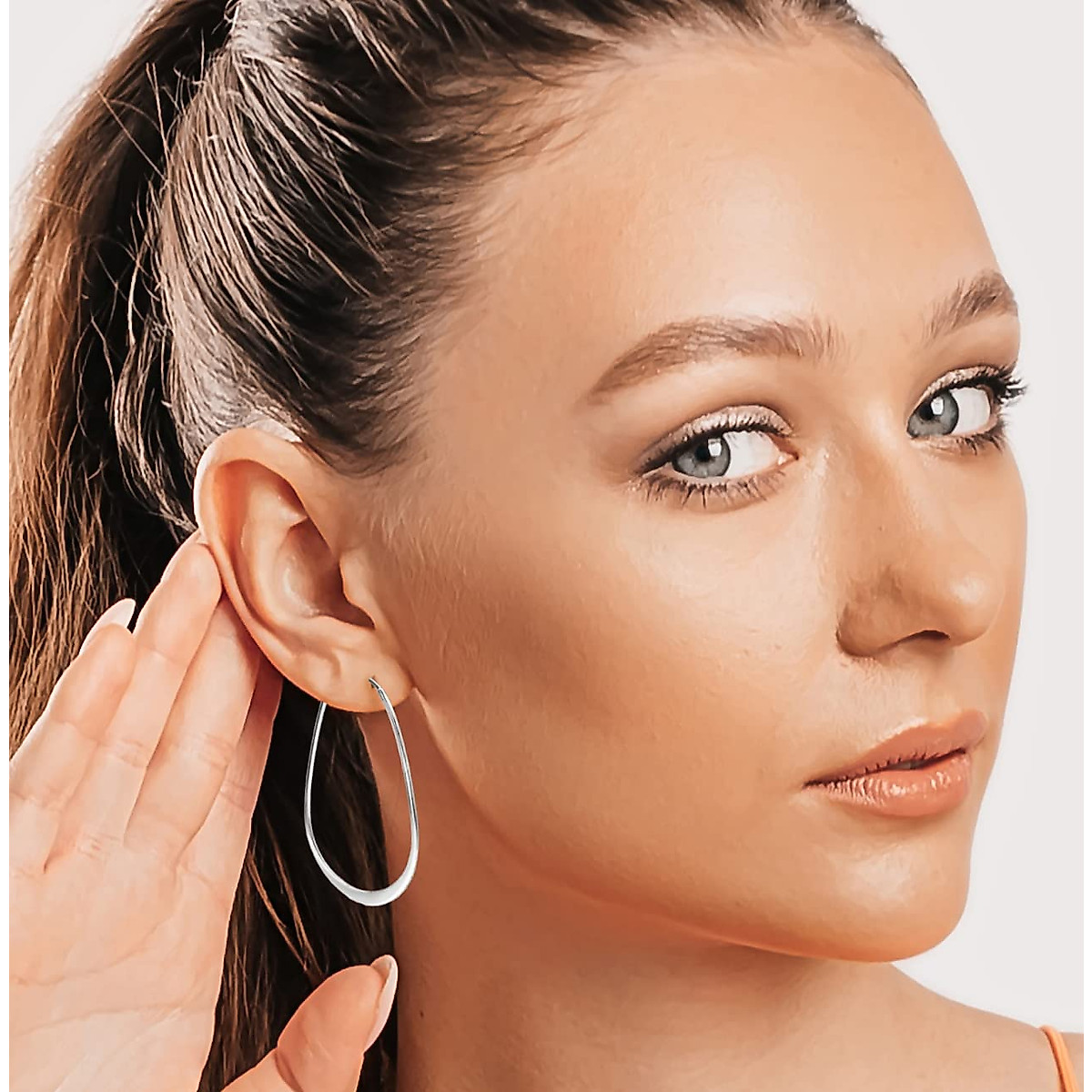 Hoops & Loops 925 Sterling Silver Oval Flat Thin Large 44mm (1.73 in) High Polished Lightweight Click-Top Hoop Earrings for Women and Teen Girls