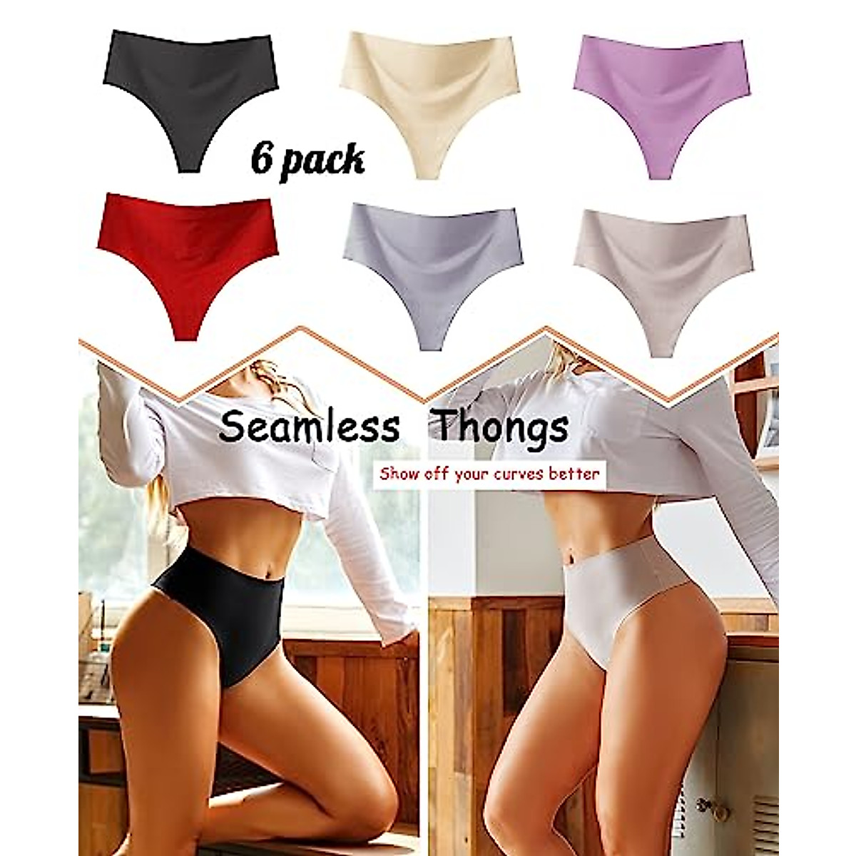 Knowyou High Waisted Thongs for Women Seamless Underwear for Women No Show Sexy Breathable Panties for Laides 6 Pack