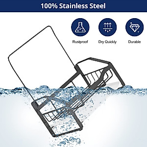 Forprim Kitchen Sink Caddy Sponge Holder,Kitchen Sink Organizer with Auto Drip Tray,Stainless Steel Dish Sponge Holder for Kitchen Sink Countertop with Detachable Dish Towel Bar (Black)